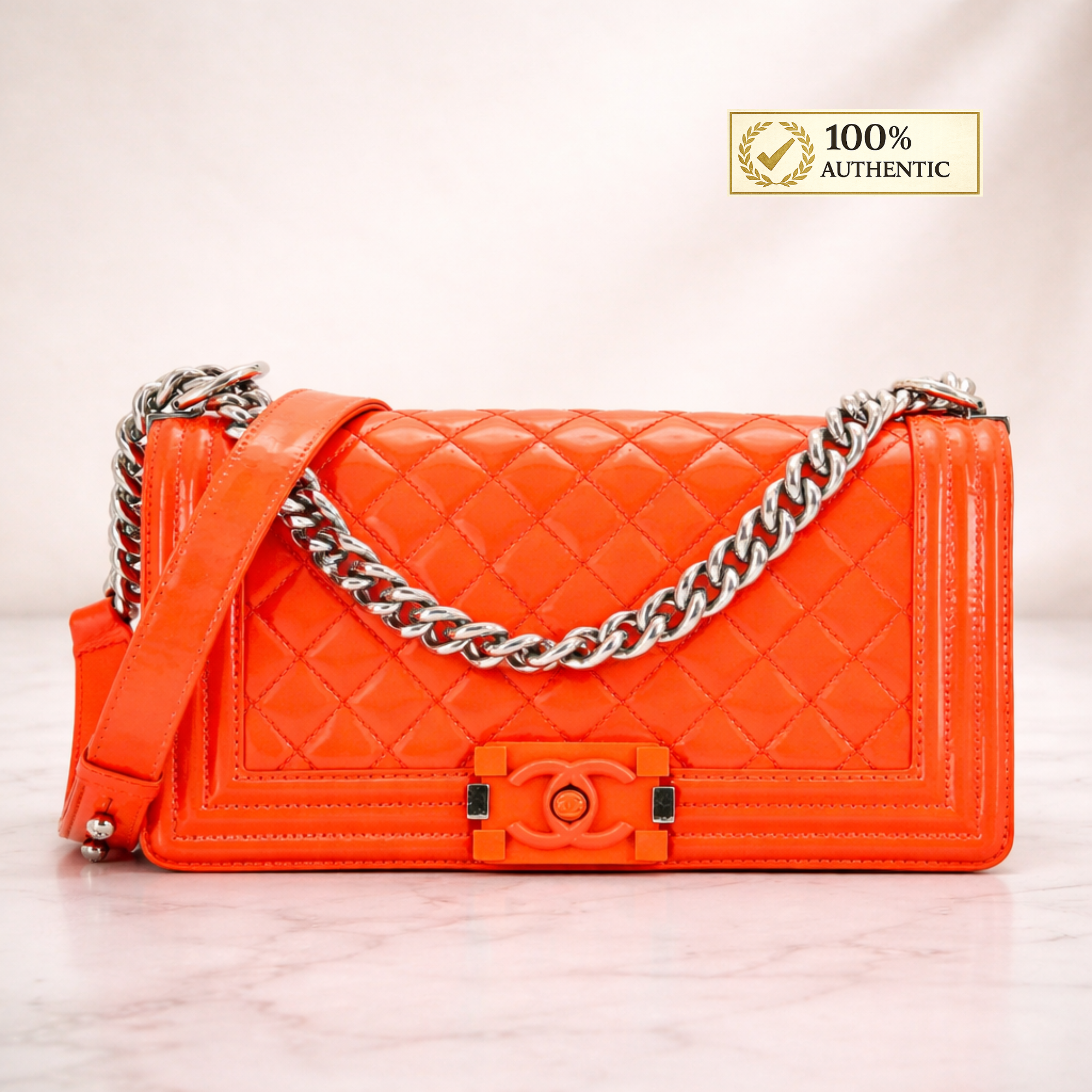 Chanel Patent Calfskin Quilted Medium Plexiglass Boy Flap Orange ...